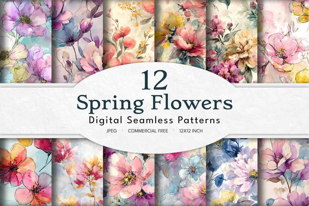 Watercolor Spring Flower Patterns – 12x12 Cottagecore Digital Paper ...