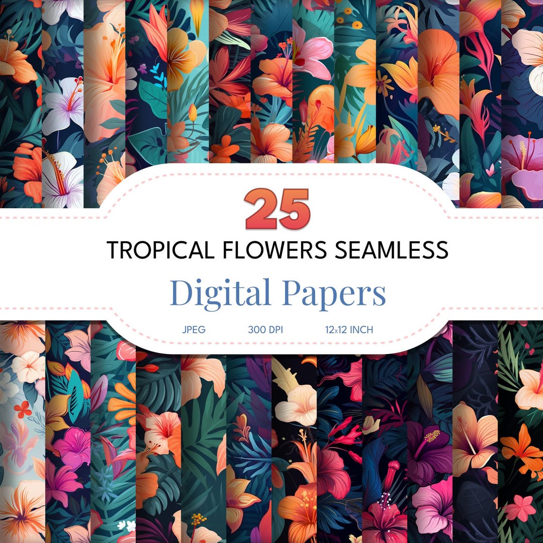 Tropical Flowers Digital Paper | Seamless Patterns | Vivid Colorful ...