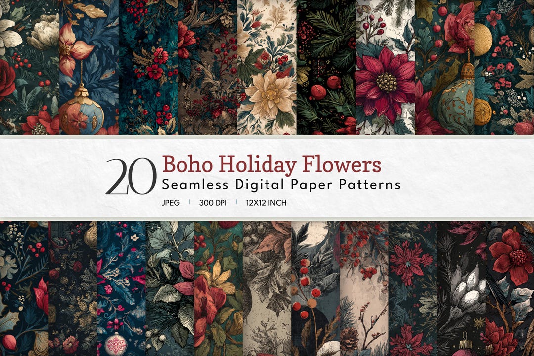 Boho Christmas Digital Paper: Seamless Xmas Patterns (commercial Use ...