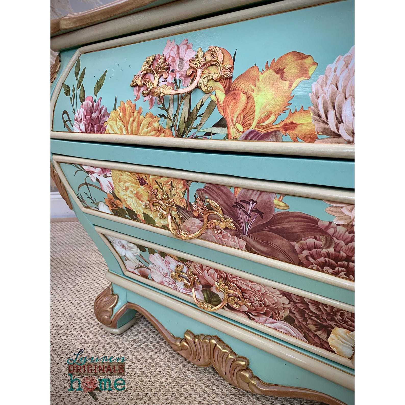 Vintage Bombe Chest / Painted Chest of Drawers / Patina Green Floral ...