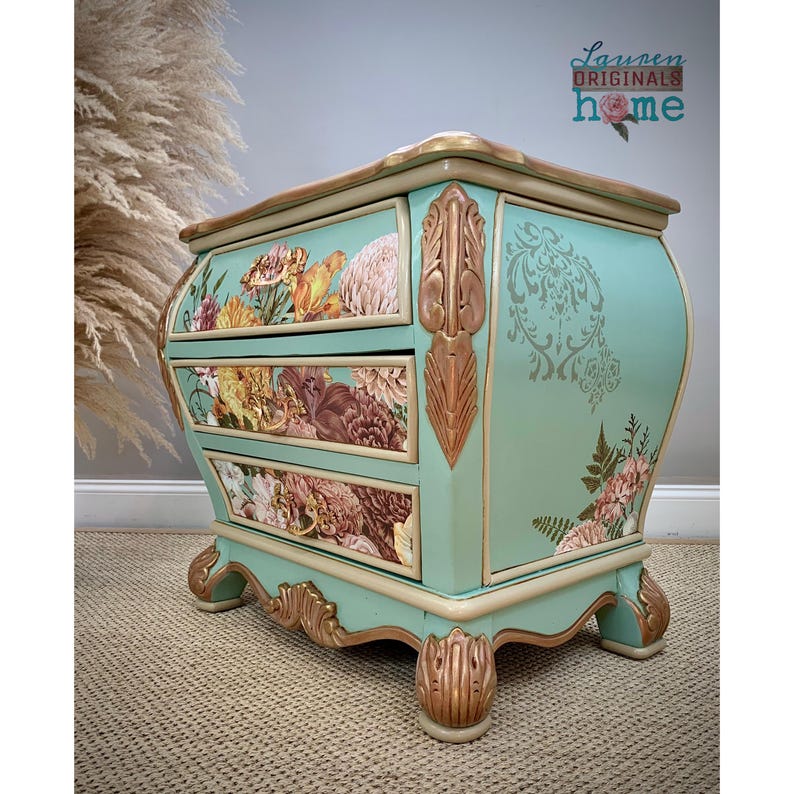 Vintage Bombe Chest / Painted Chest of Drawers / Patina Green Floral ...