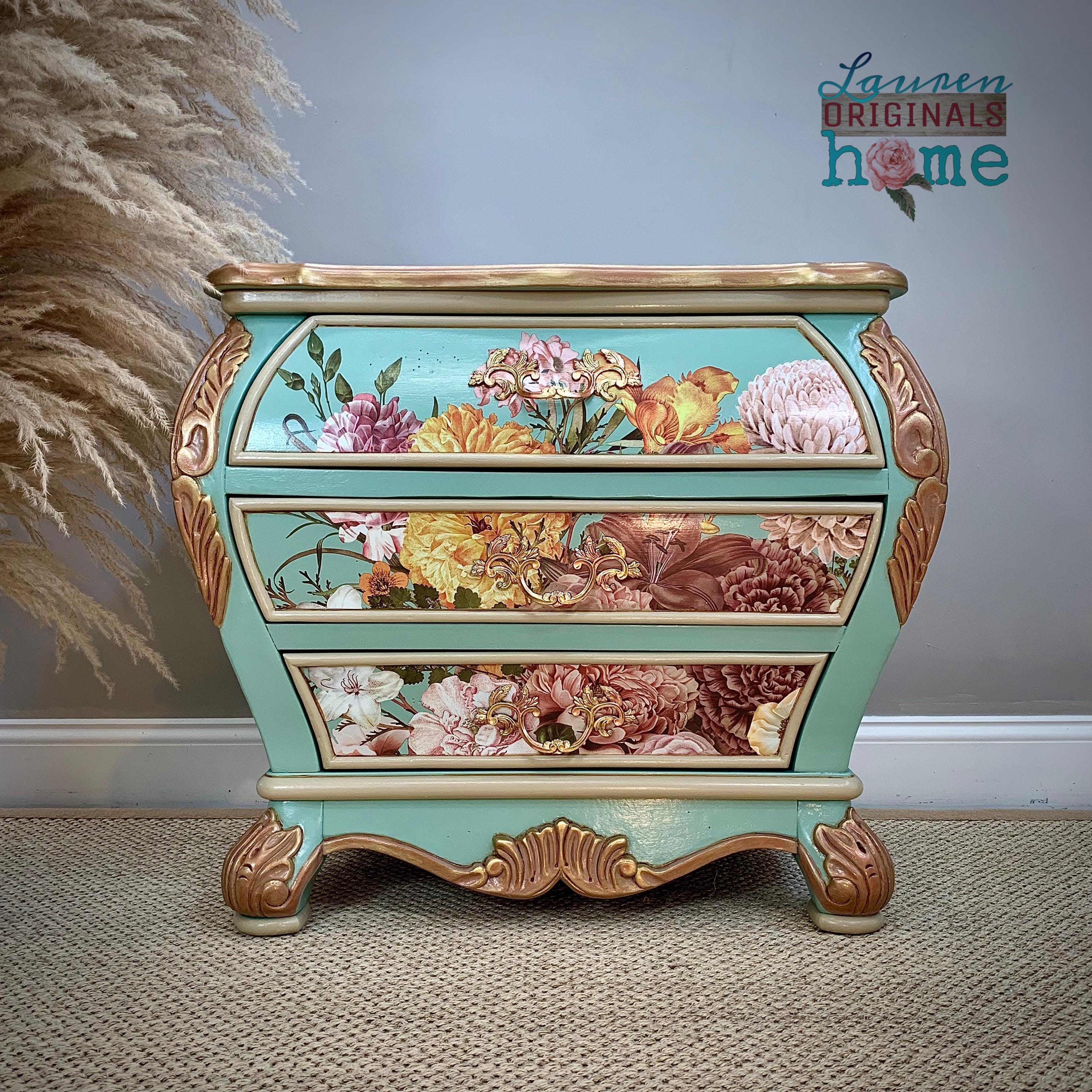 Vintage Bombe Chest / Painted Chest of Drawers / Patina Green Floral ...