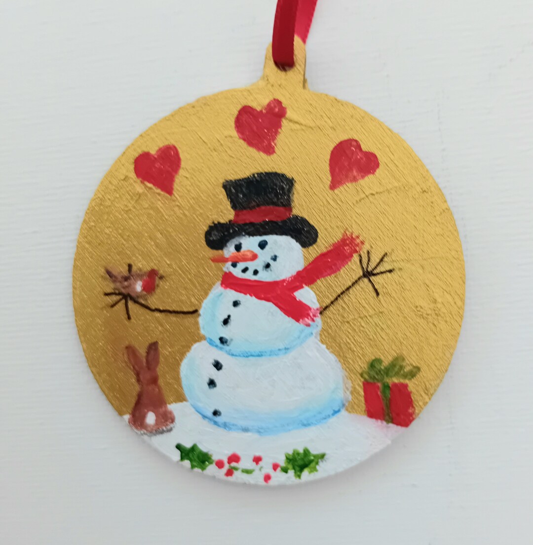 Snowman on Gold Christmas Bauble - Etsy