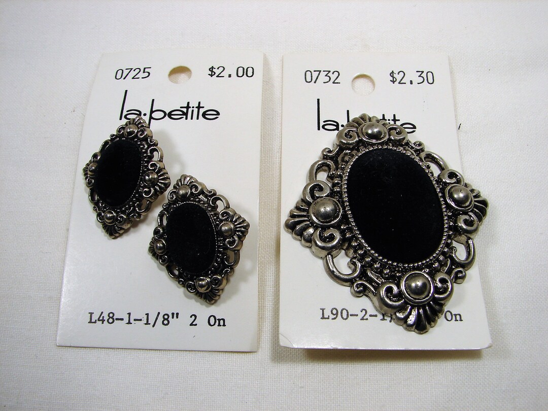 Vintage La Petite Buttons (3), Black Velvet Button, Blace & Silver ...