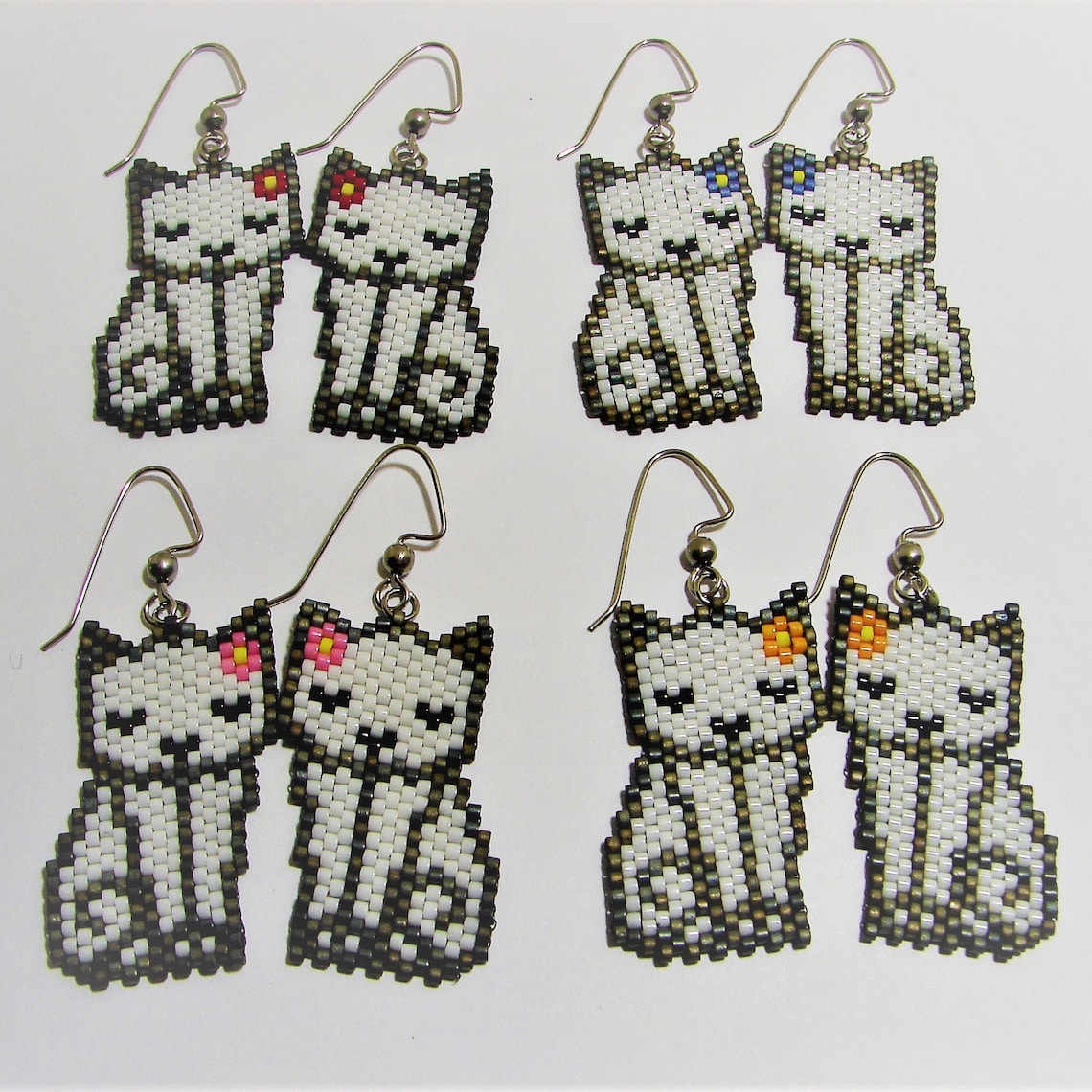 Kitty Cat Earrings, Feline Earrings, Beaded Kitten Earrings, Seed Bead ...