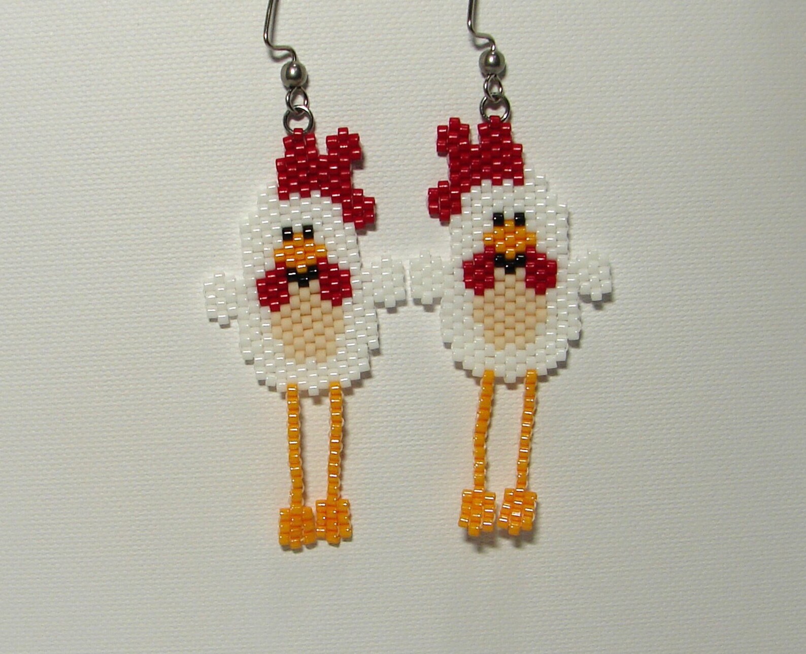 Rooster Earrings Chicken Earrings White Seed Bead Chic - Etsy