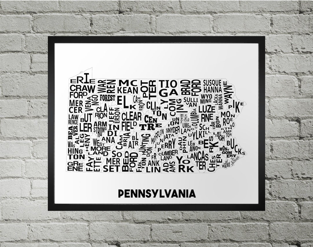 Pennsylvania PA Counties Typography Map Print | Handmade | Pennsylvania ...