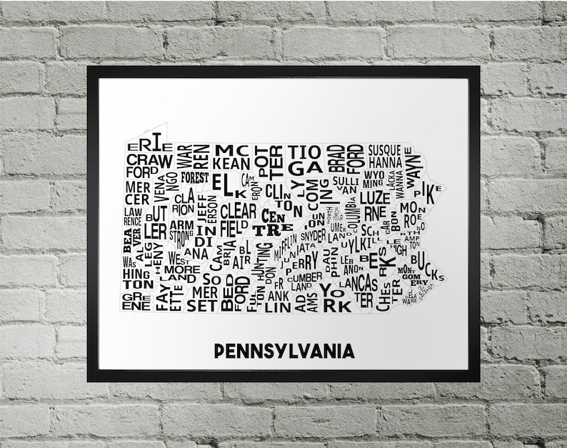 Pennsylvania PA Counties Typography Map Print | Handmade | Pennsylvania ...