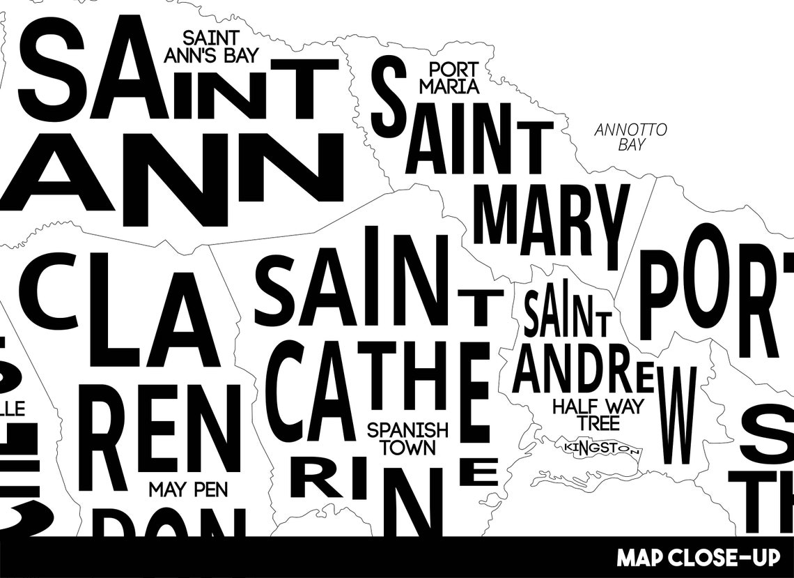 Jamaica Parishes Typography Map Print | Handmade | Jamaica Map ...