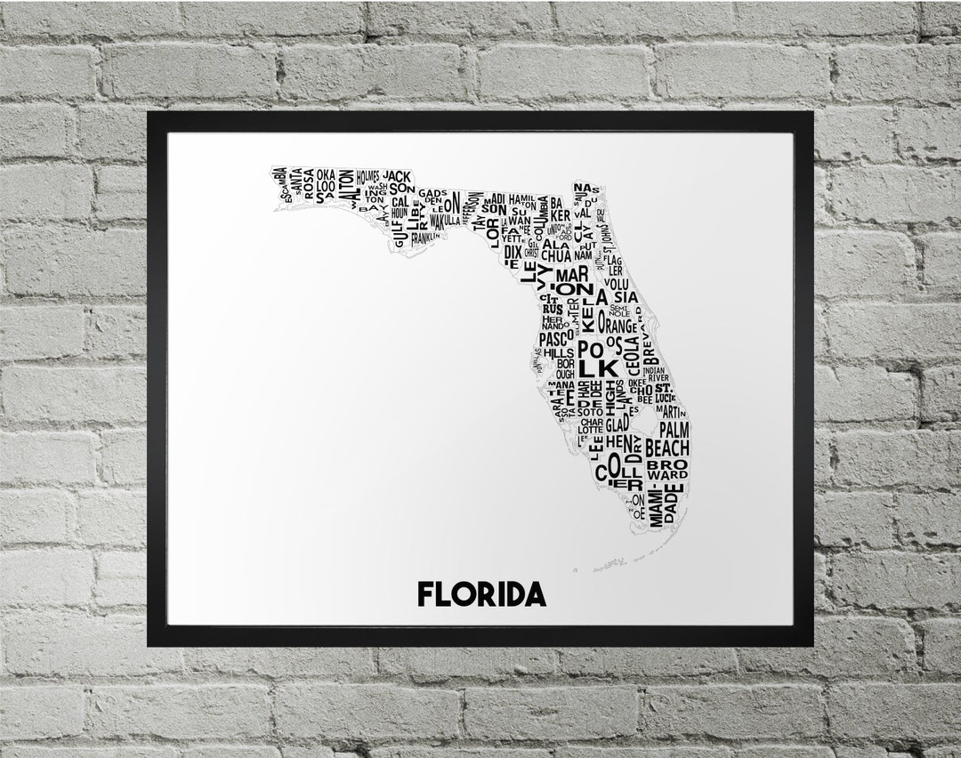 Florida FL Counties Typography Map Print | Handmade | Florida United ...