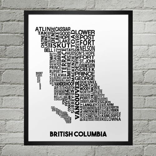 British Columbia Cities Typography Map Print Handmade - Etsy
