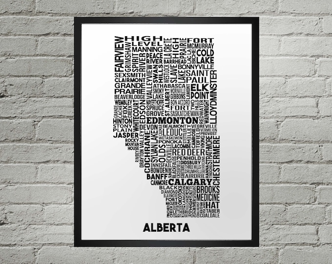 Alberta Cities Typography Map Print Handmade Alberta Map - Etsy Canada