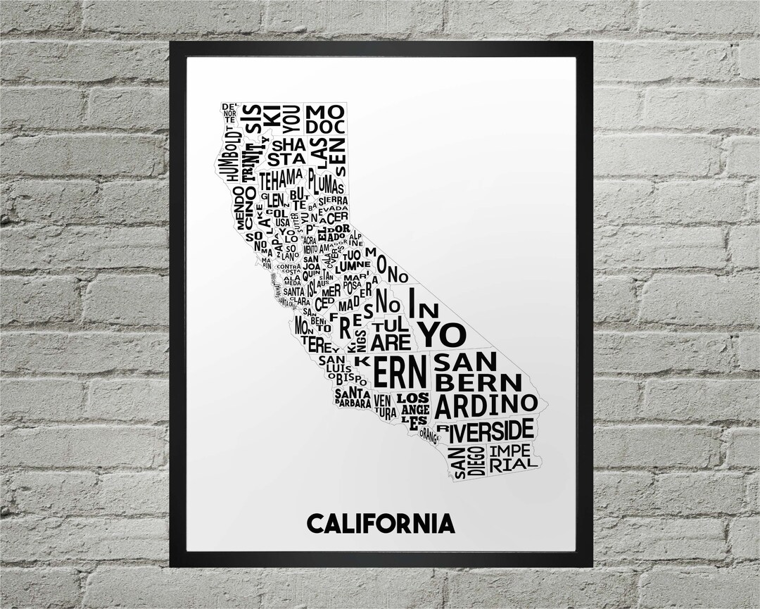 California CA Counties Typography Map Print | Handmade | California ...
