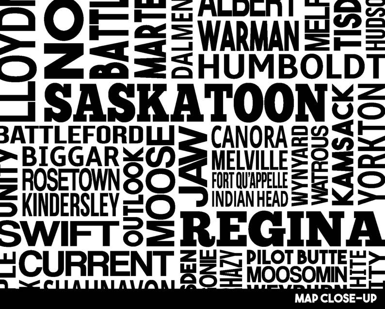Saskatchewan Cities Typography Map Print | Handmade | Saskatchewan Map ...