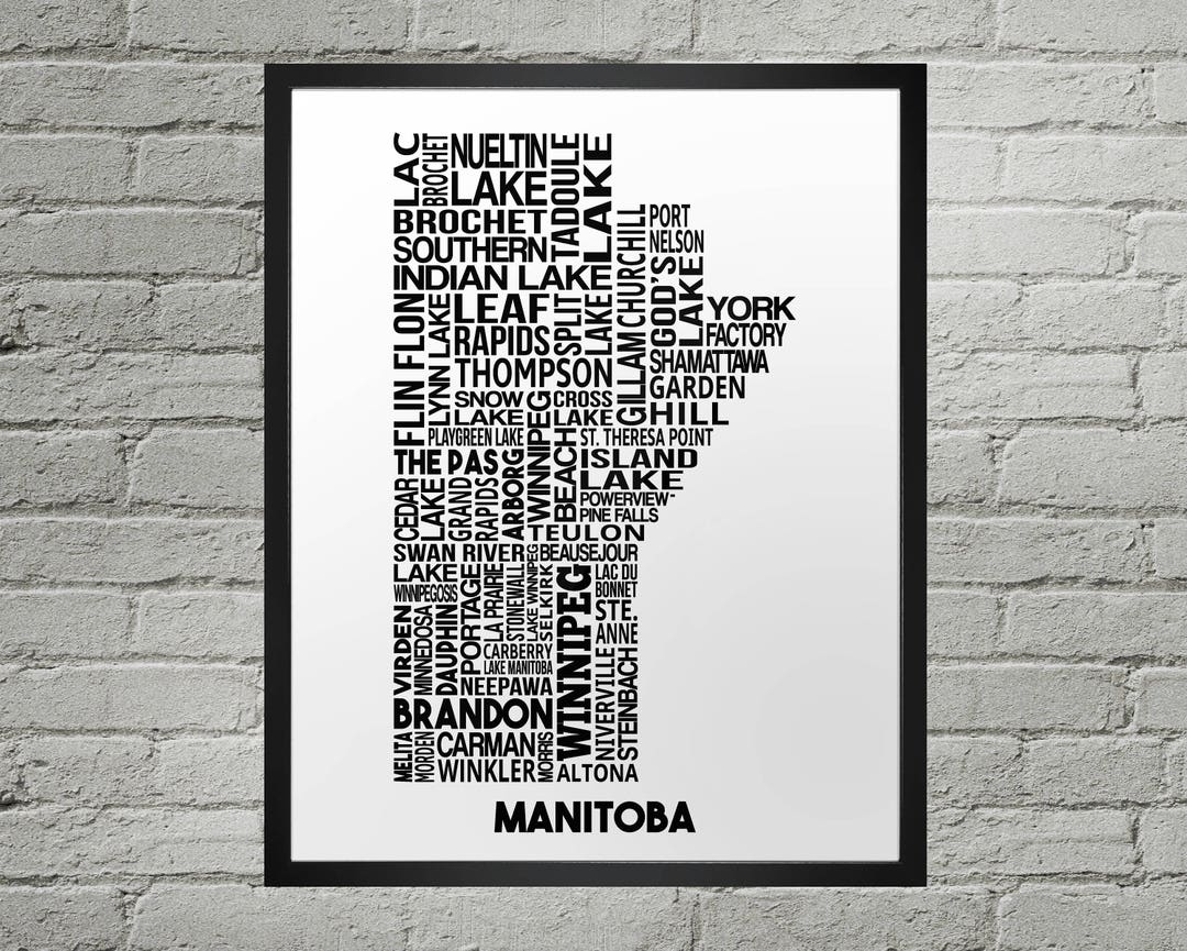 Manitoba Cities Typography Map Print | Handmade | Manitoba Map ...