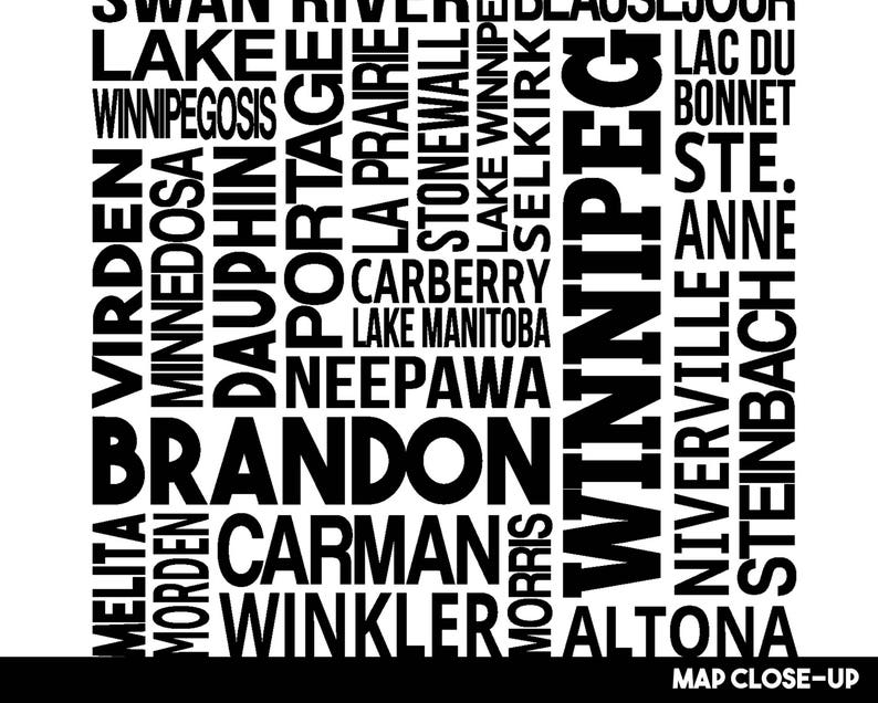 Manitoba Cities Typography Map Print | Handmade | Manitoba Map ...