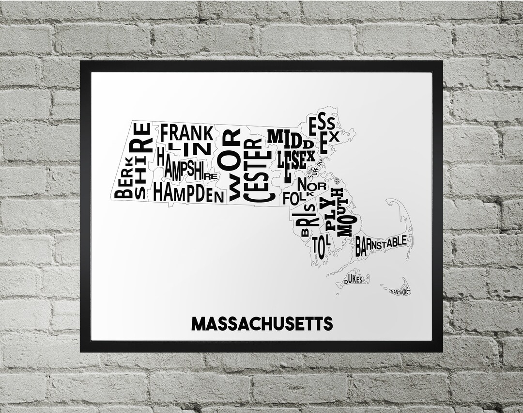Massachusetts MA Counties Typography Map Print | Handmade ...