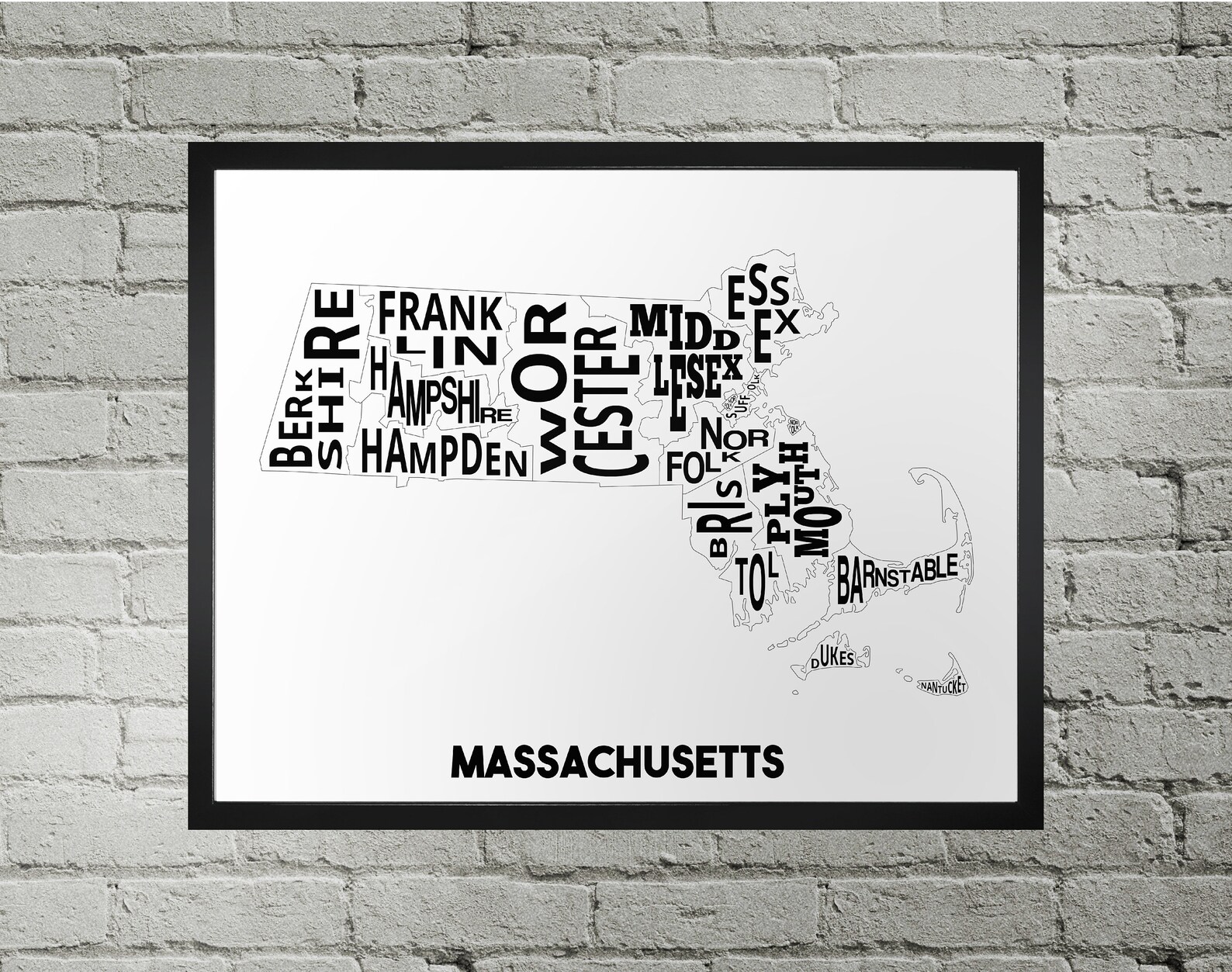 Massachusetts MA Counties Typography Map Print | Handmade ...