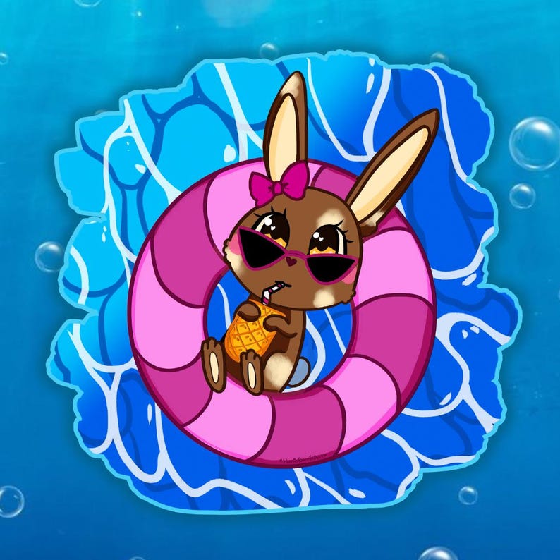 Pool Floatie Bunny- 4 in Bunny Sticker, Beach Sticker, Kawaii Sticker ...