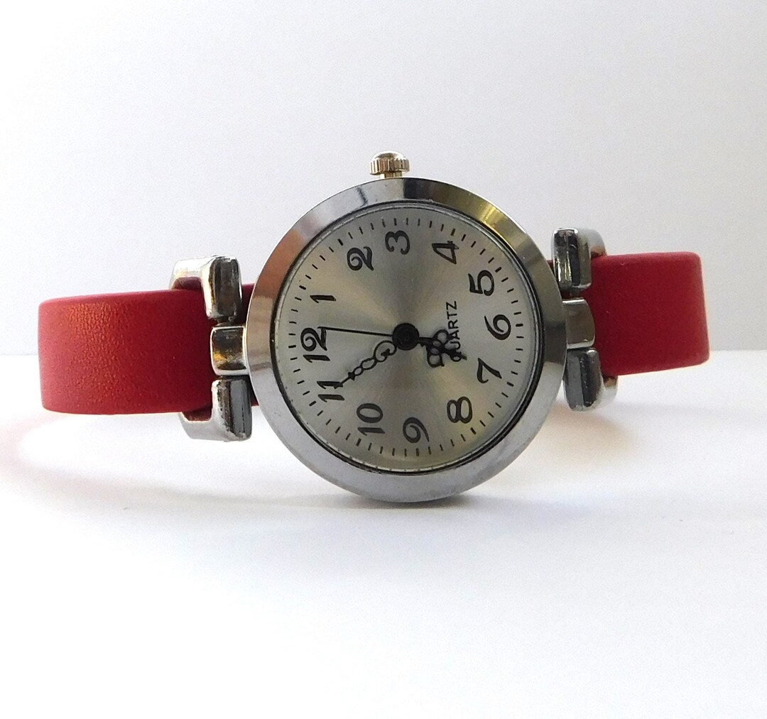 Vintage Style Red Band Watch: Silver Face, Roman Numerals - Etsy