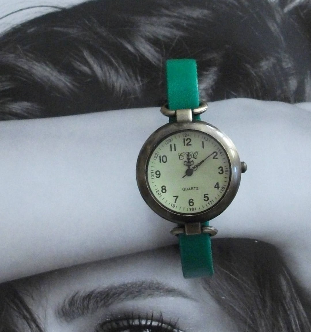 Emerald Green Leather Watch: Bronze Finish Women's Wristwatch. Custom ...