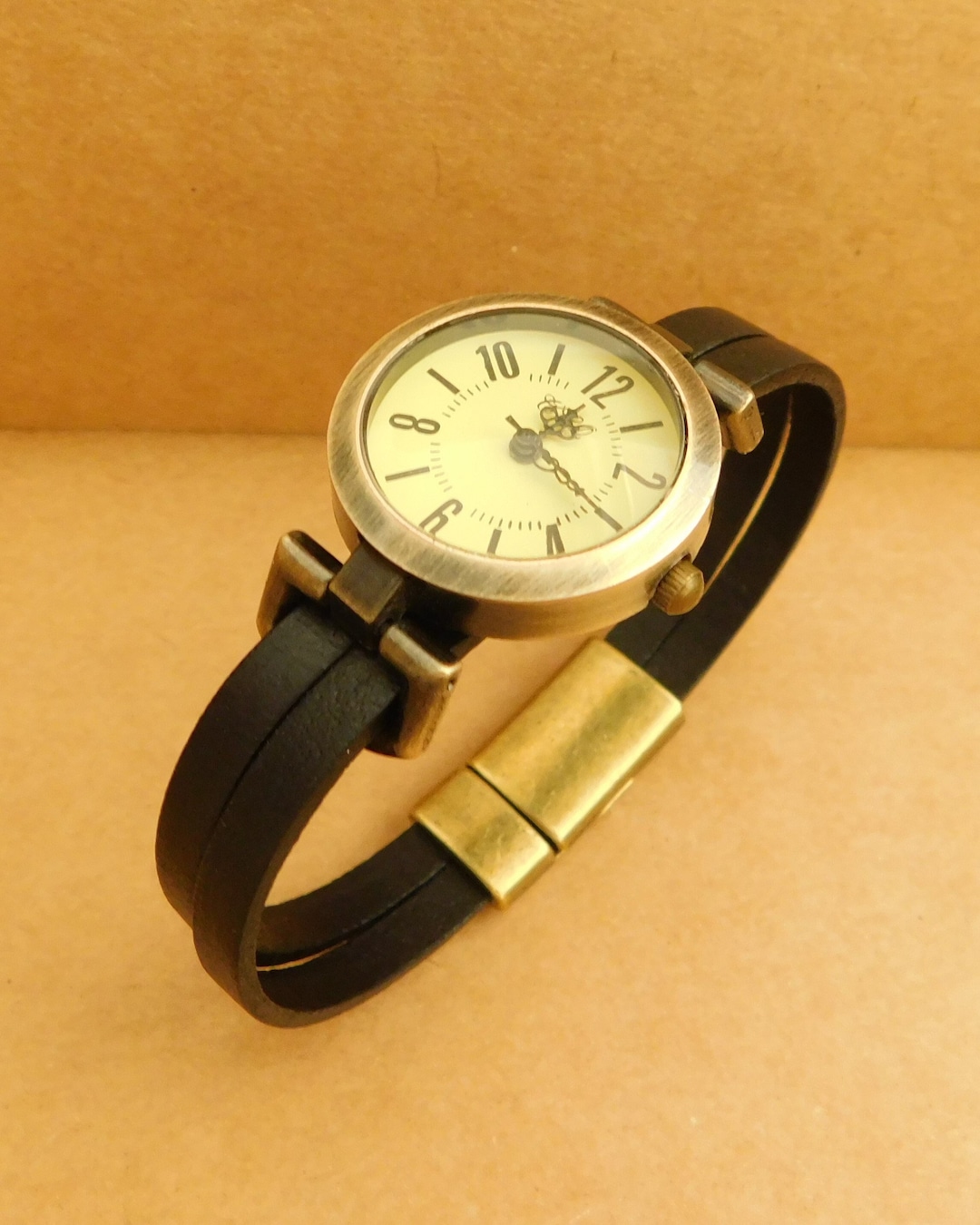 Retro Style Women's Watch: Black Leather Band, Bronze Finish, Custom ...
