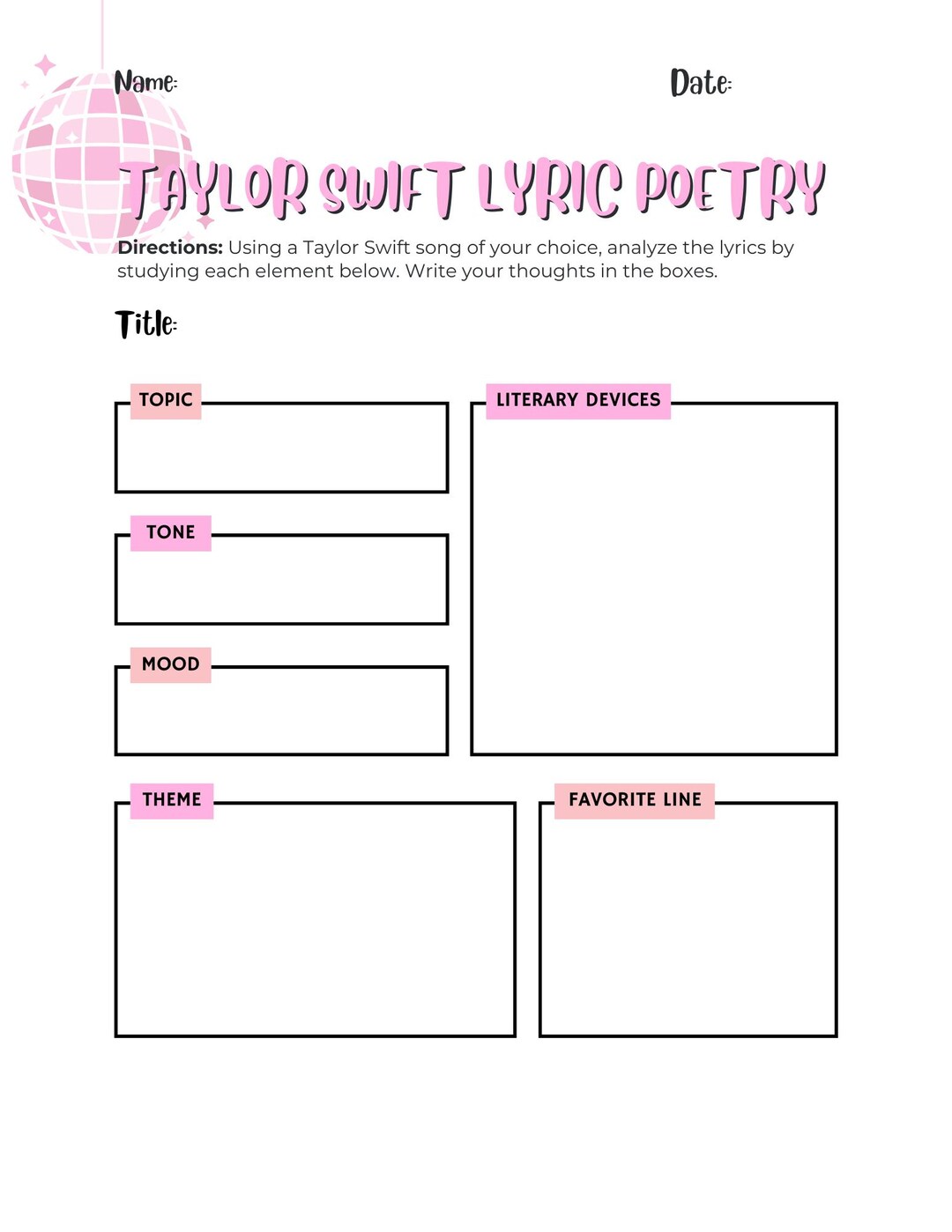 Taylor Swift Lyric Poetry Analysis Worksheet - Etsy