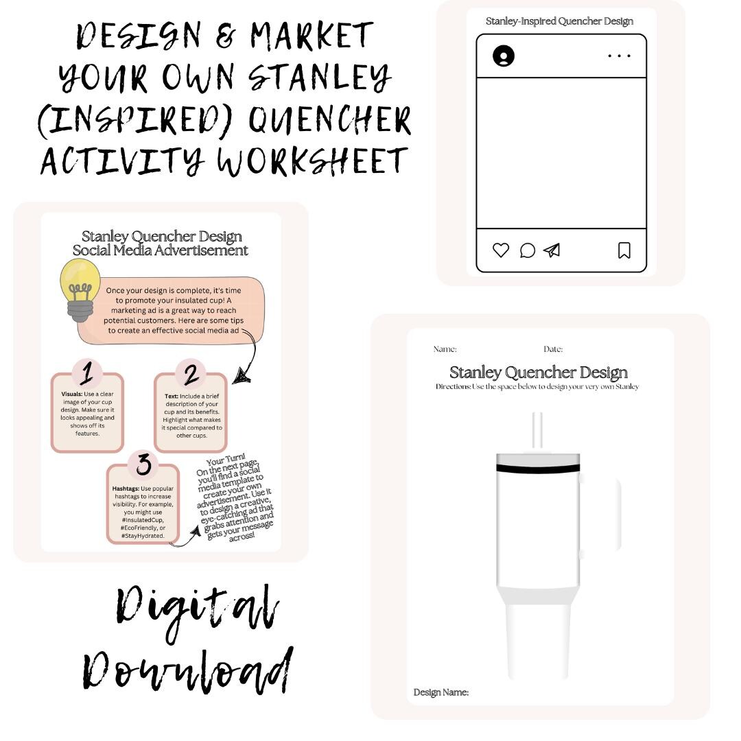 Design & Market Your Own Stanley (inspired) Quencher Activity Worksheet ...