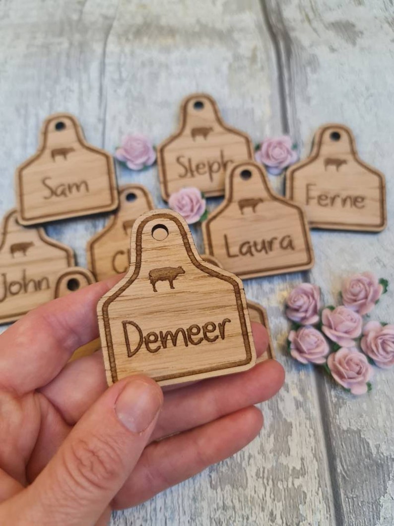 Wooden Wedding Name Place Settings in the Shape of a Cow Ear Tag ...