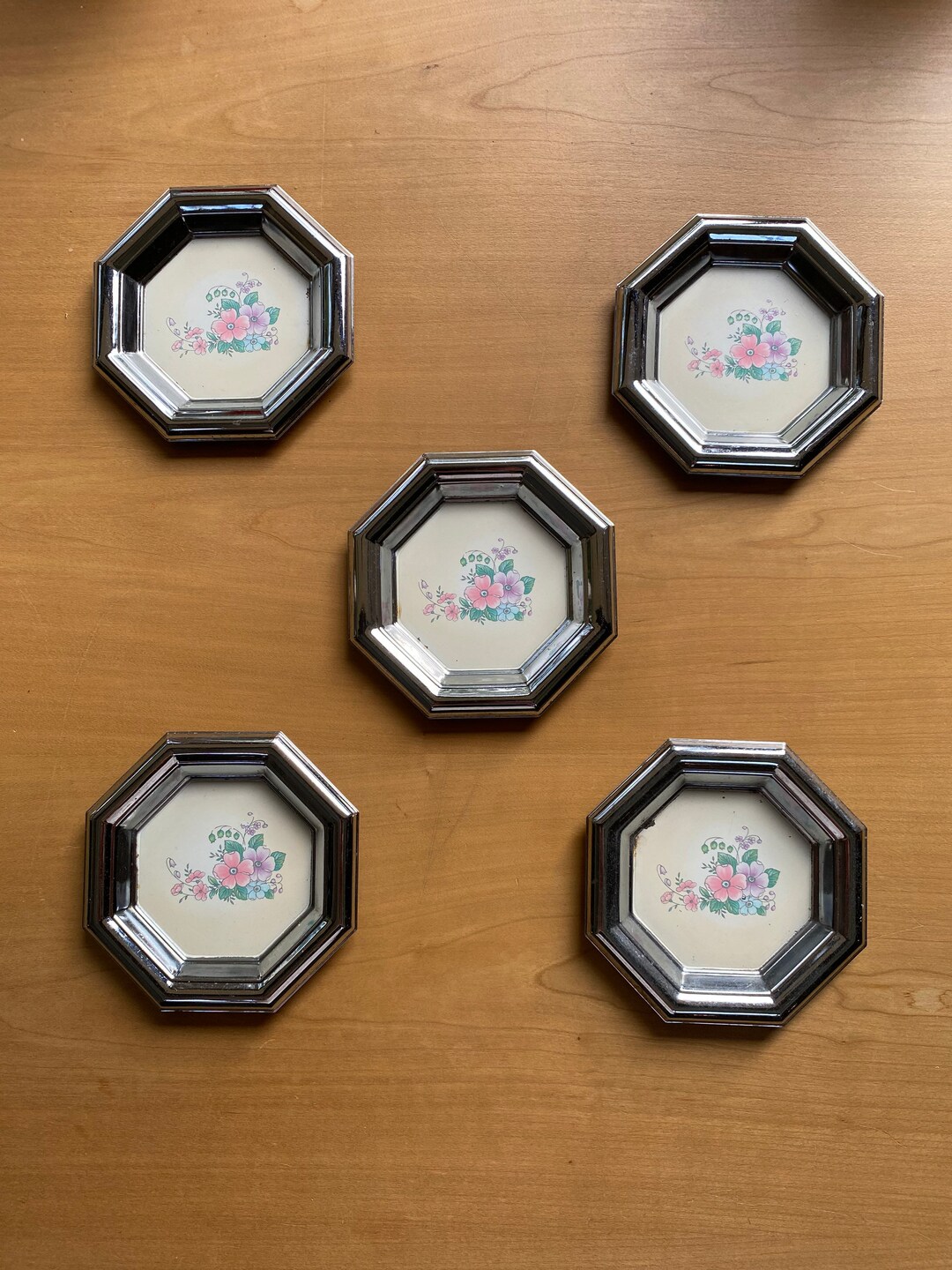 Set of Five Twin Bird Coasters With Flower Print - Etsy