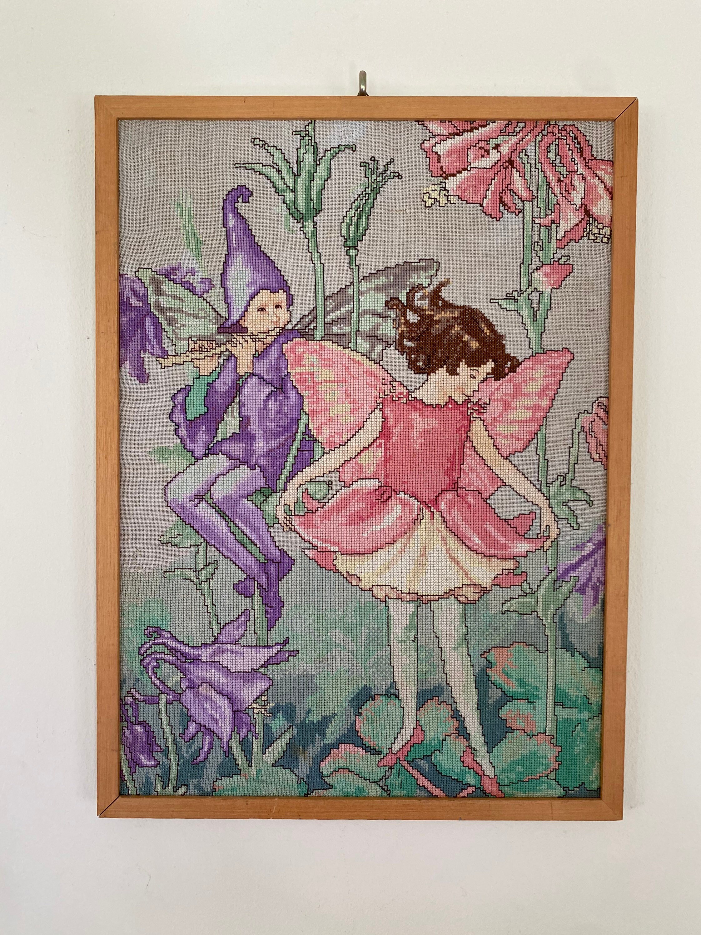 Large Vintage Embroidery elves in Wooden Frame - Etsy