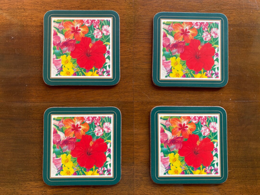 Vintage Set of Four Coasters With Flower Illustration by Jill Walker - Etsy