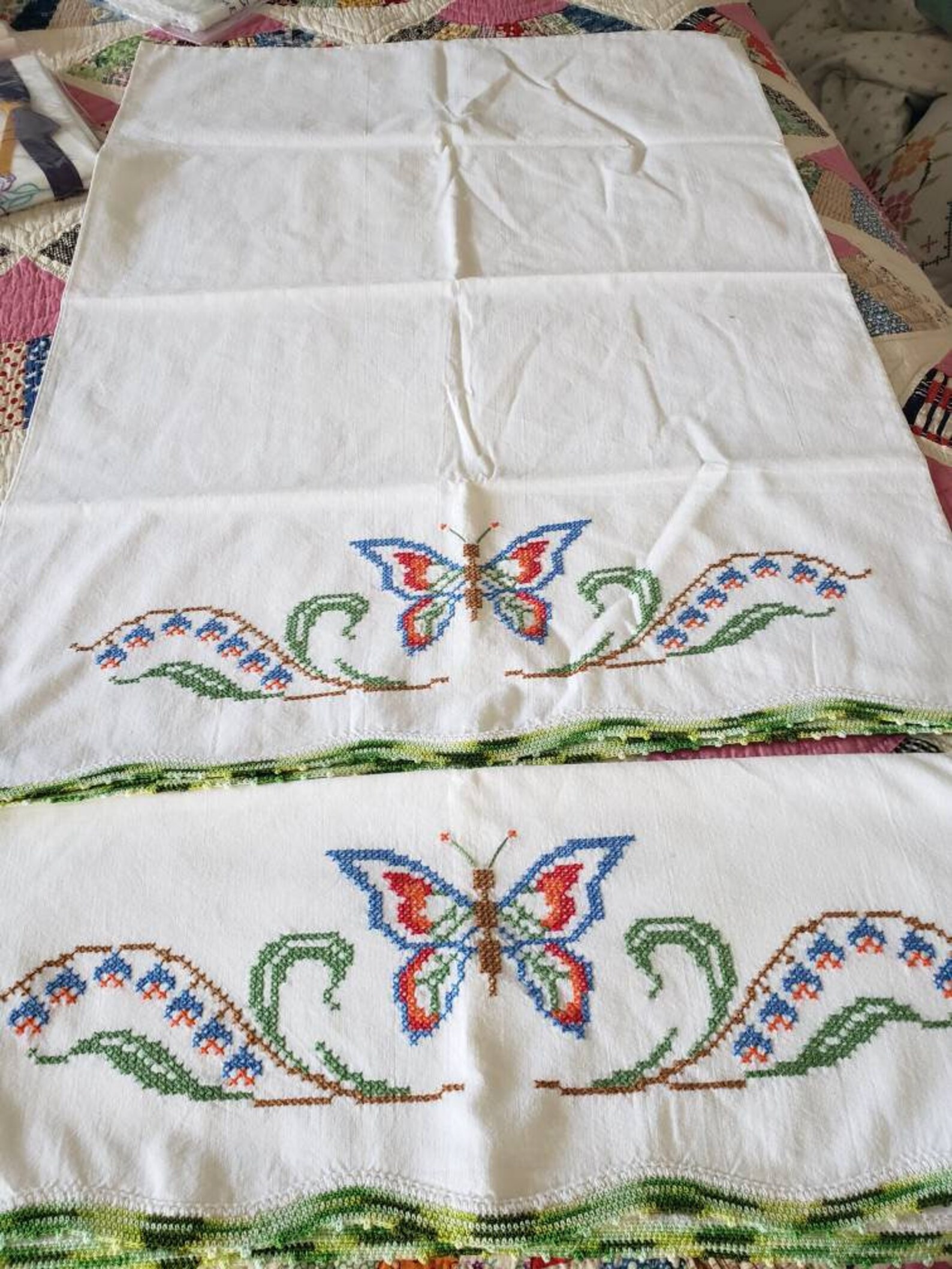 Beautiful pair of vintage cross stitched butterfly pillowcases | Etsy