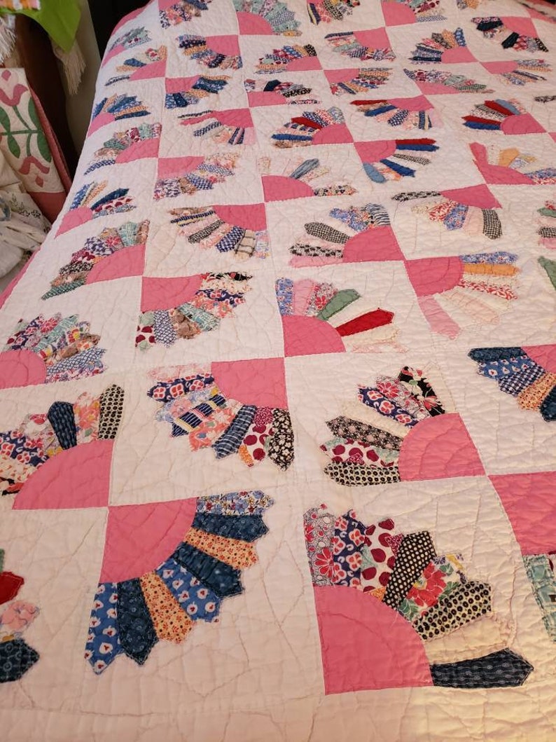 Vintage 1930's Feedsack Applique Fan Quilt - Etsy