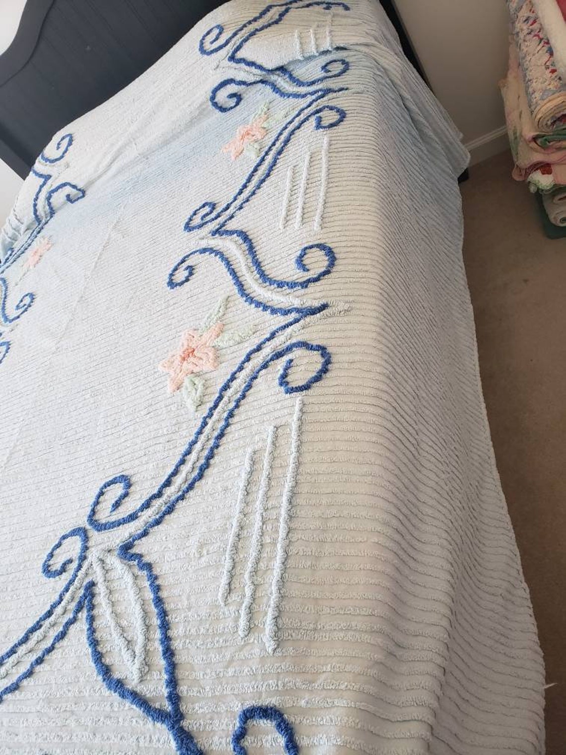 Blue Vintage Chenille Bedspread - Etsy