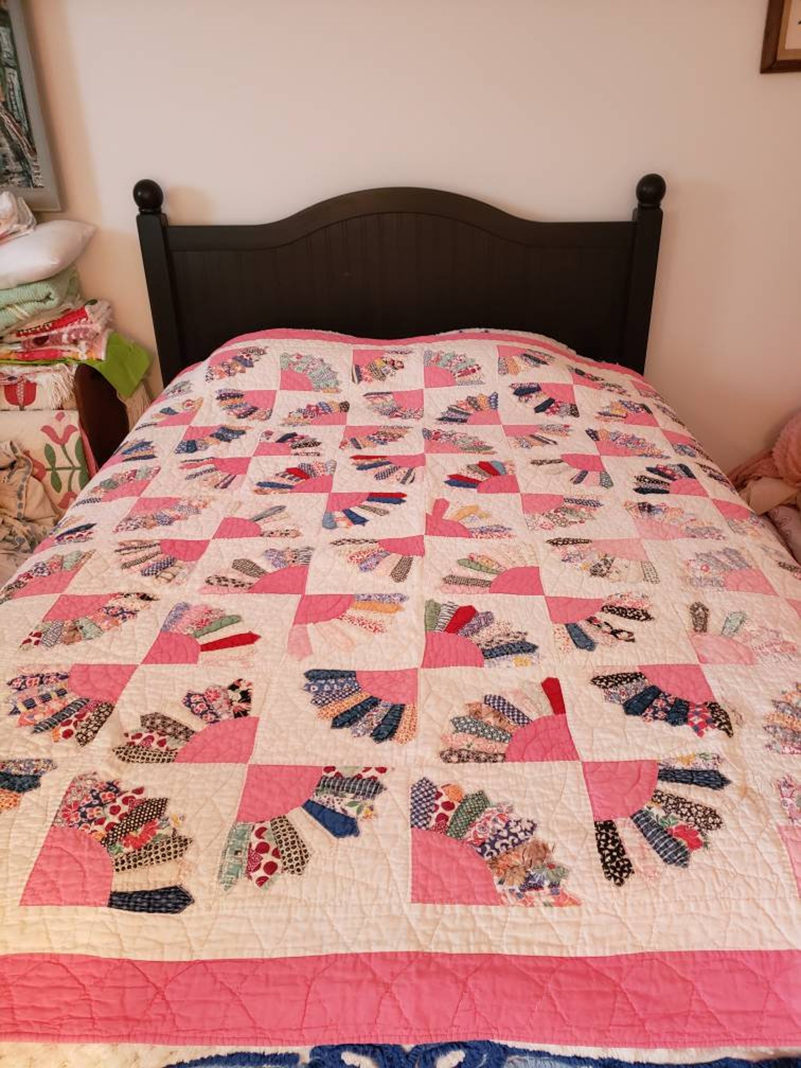 Vintage 1930's Feedsack Applique Fan Quilt - Etsy