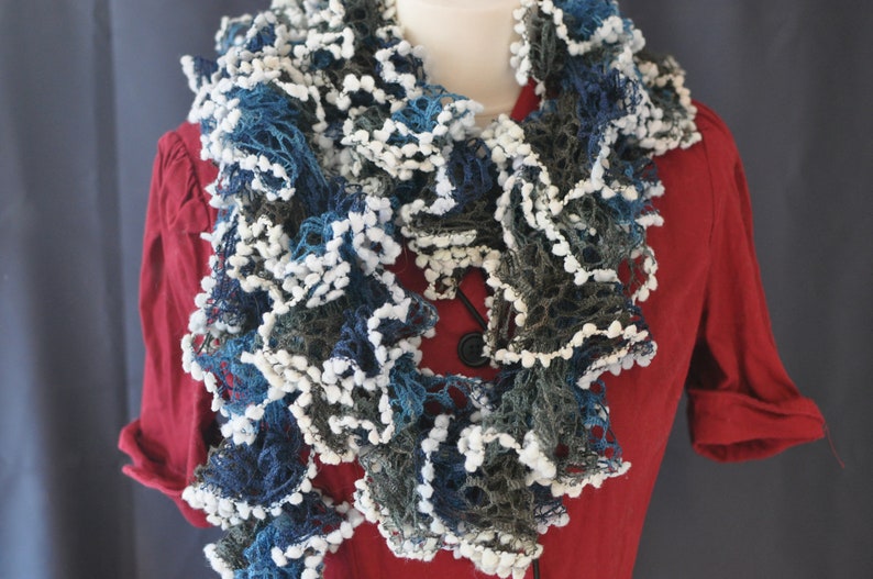 Blue Ruffle Pompom Scarf - Etsy