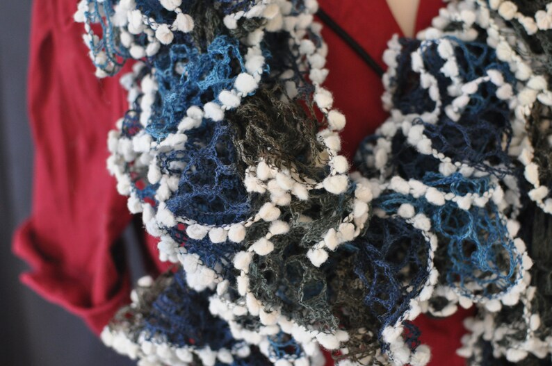 Blue Ruffle Pompom Scarf - Etsy