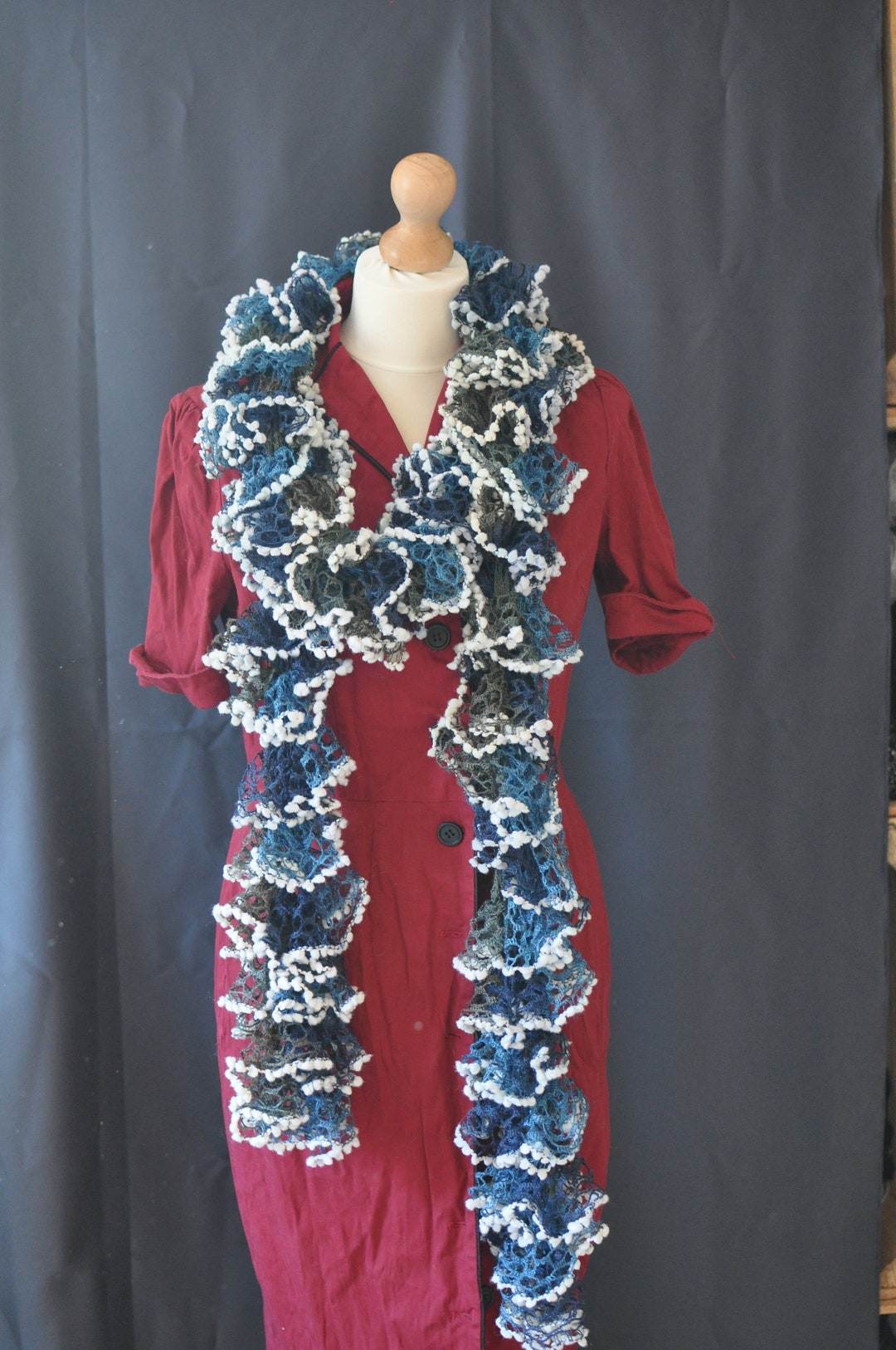 Blue Ruffle Pompom Scarf - Etsy