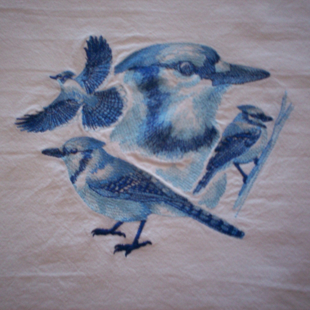 Embroidered Blue Jays Tea Towel, White Cotton Flour Sack Kitchen Towel ...