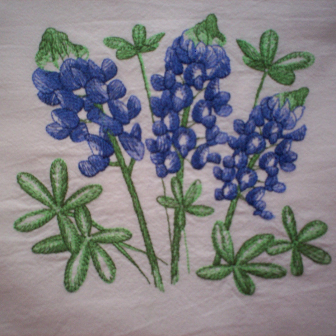 Bluebonnet Sketch Tea Towel, Custom Embroidered Cotton Kitchen Towel ...