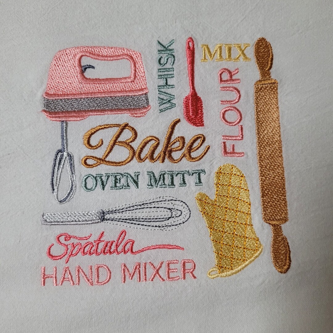 Baking Tools Embroidered Tea Towel, Custom Machine Embroidered White ...