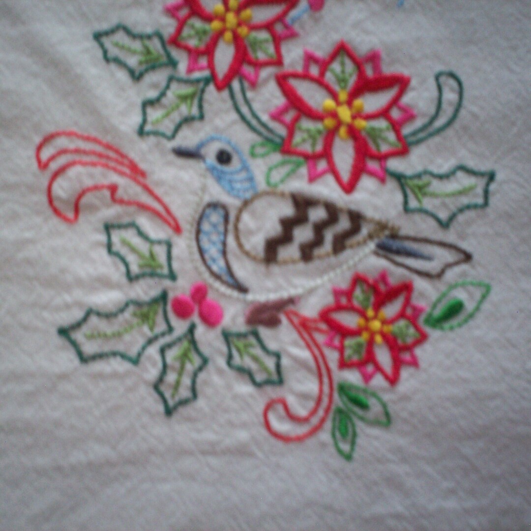 Embroidered Christmas Tea Towel: Turtle Dove Flour Sack, French Hen ...