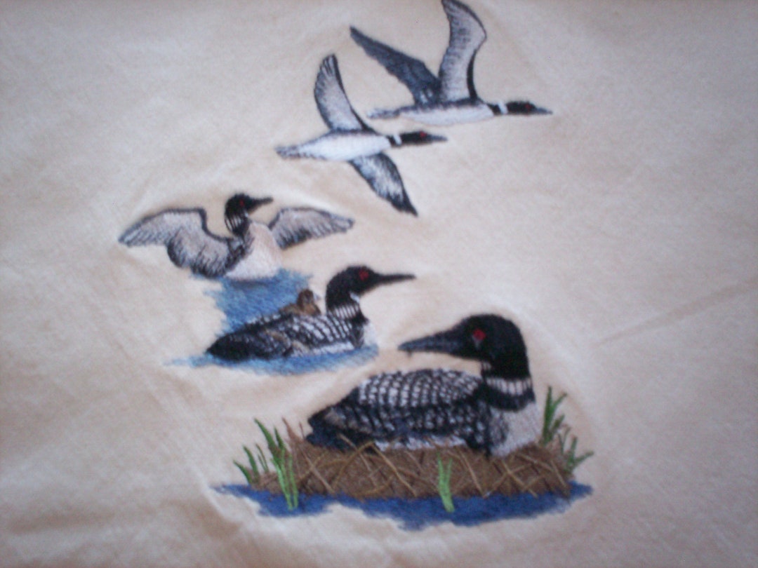 Loons Tea Towel, Machine Embroidered White Cotton Flour Sack Towel ...