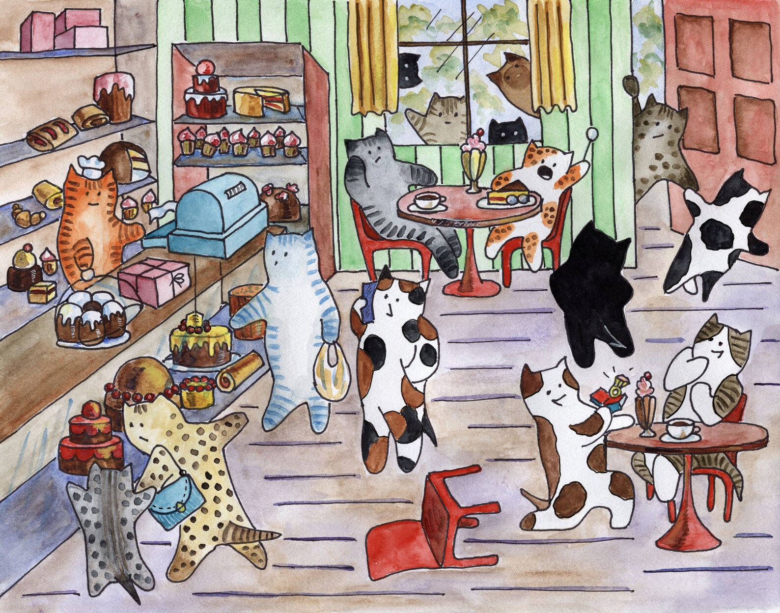 Cat Cafe Illustration Art Print Cats Nursery Cats Bakery Folk - Etsy