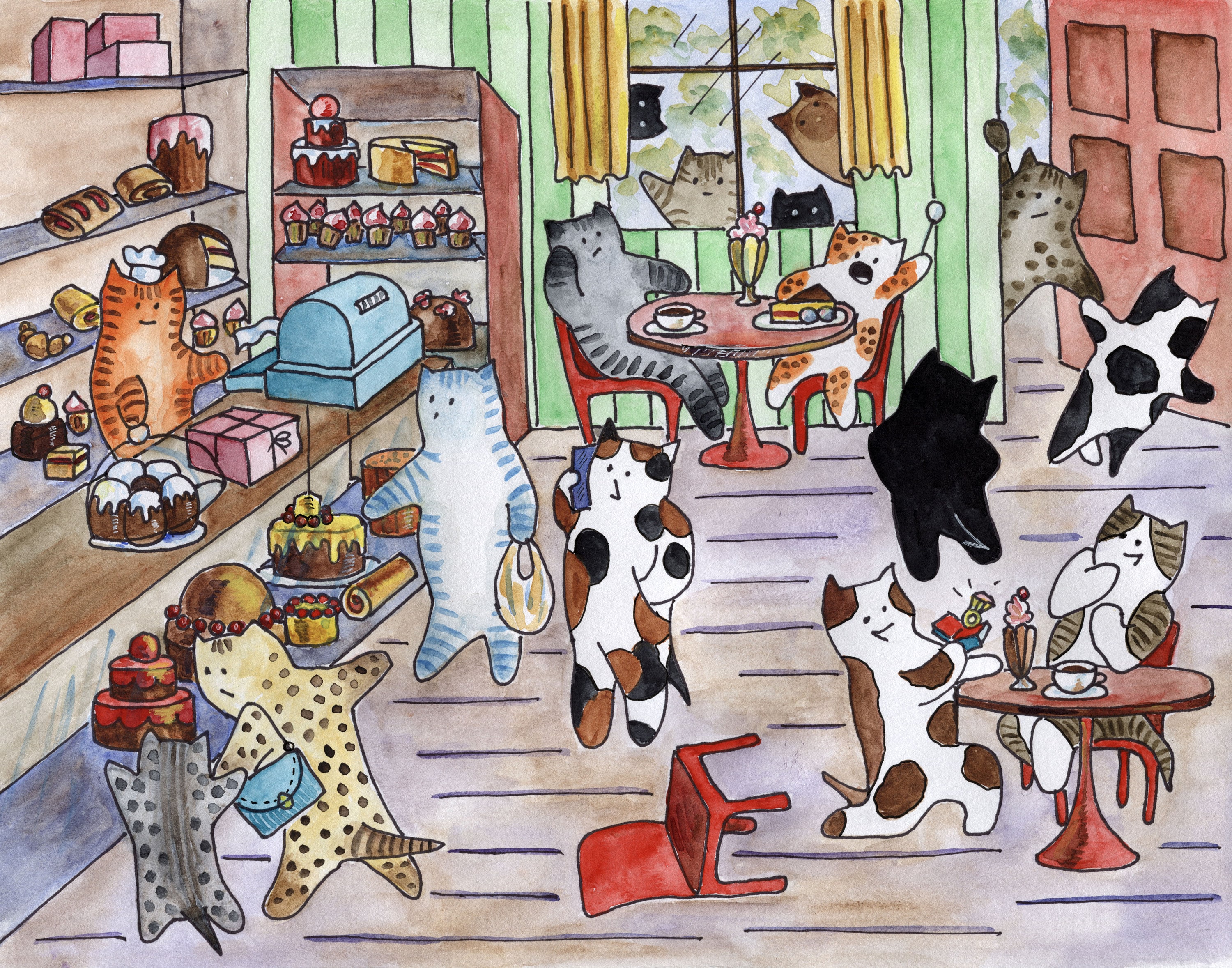 Cat Cafe Illustration Art Print Cats Nursery Cats Bakery Folk - Etsy