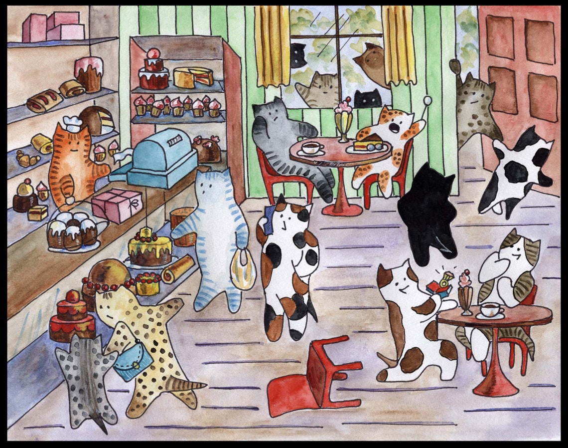Cat Cafe Illustration Art Print Cats Nursery Cats Bakery Folk - Etsy