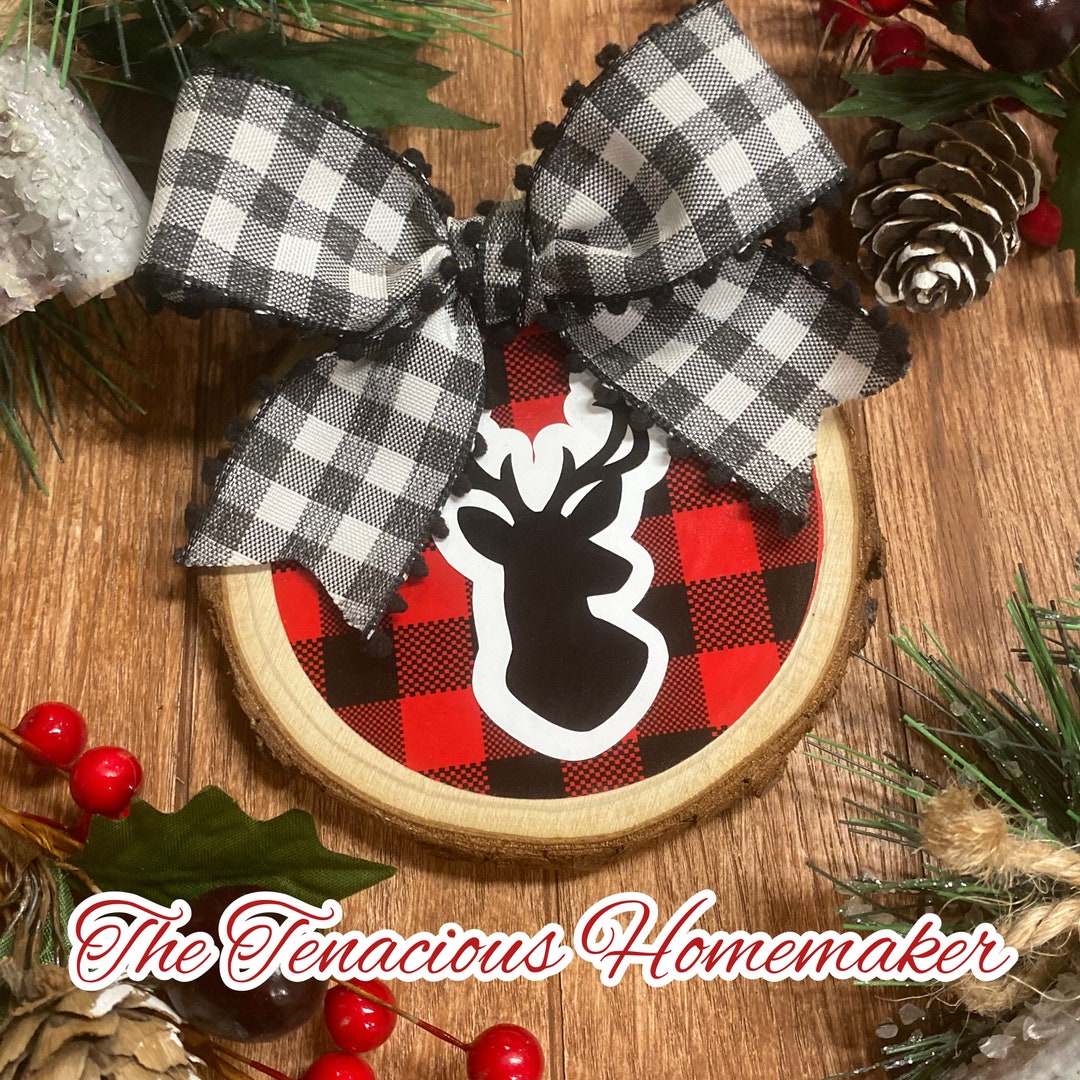 Red Buffalo Plaid Wooden Deer Ornament With a Black and White Buffalo ...