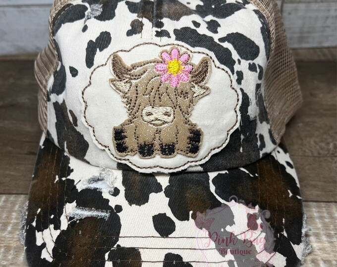 Embroidered Highland Cow Patch Cow Print Distressed Criss-cross ...