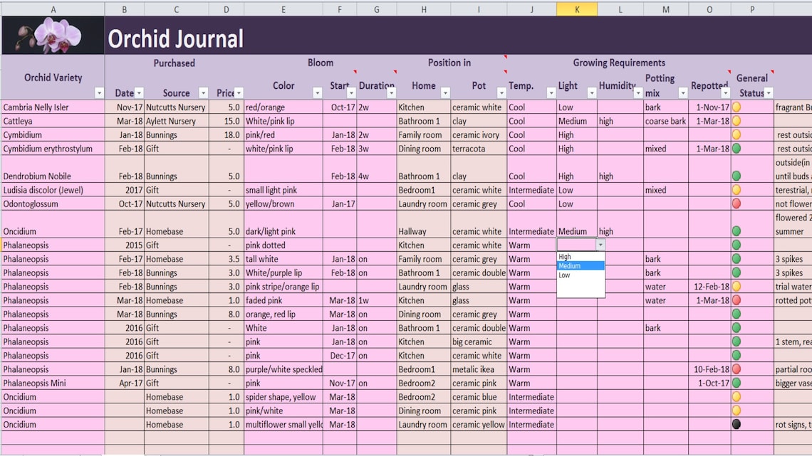Orchid Journal - Excel and PDF Template, House Plants Log Spreadsheet ...